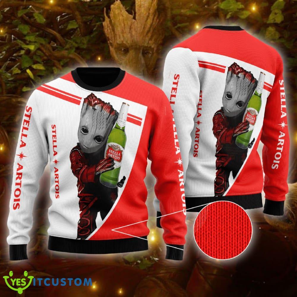 Stella Artois And Baby Groot Cute Christmas Ugly Sweater - YesItCustom