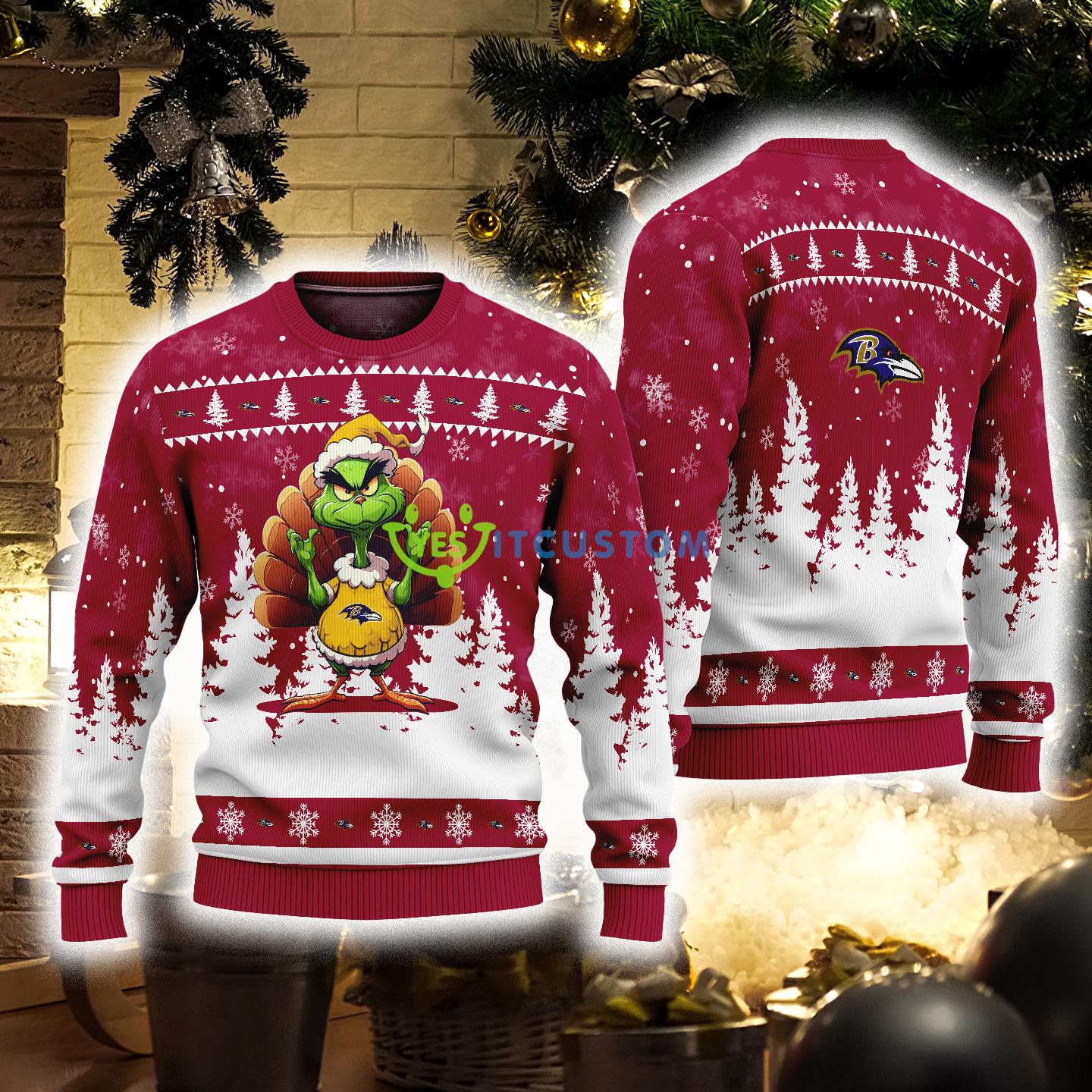 Baltimore Ravens Red Grinch Turkey Disguise Knitted Christmas Sweater ...