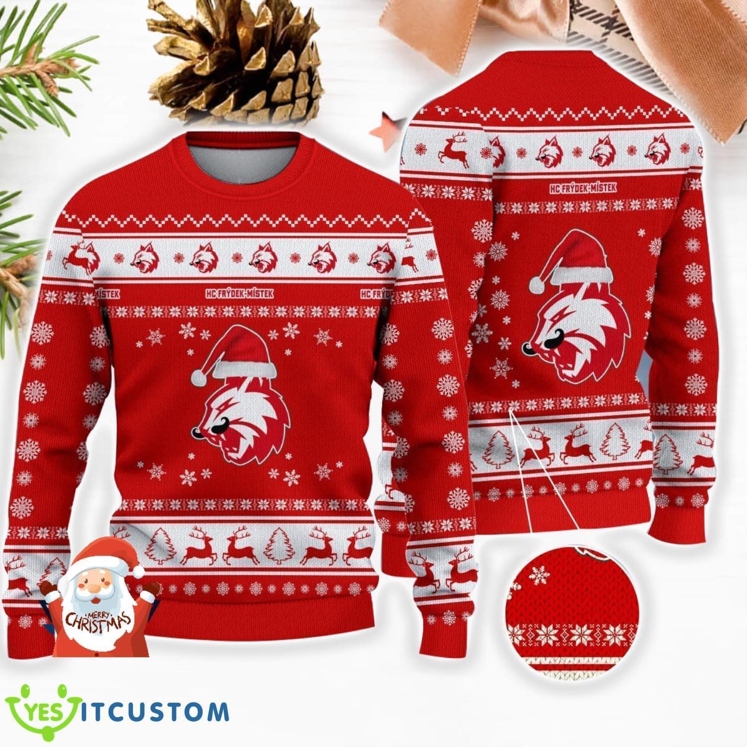 HC Frýdek-Místek Logo Santa Hat 3D Ugly Christmas Sweater Christmas ...