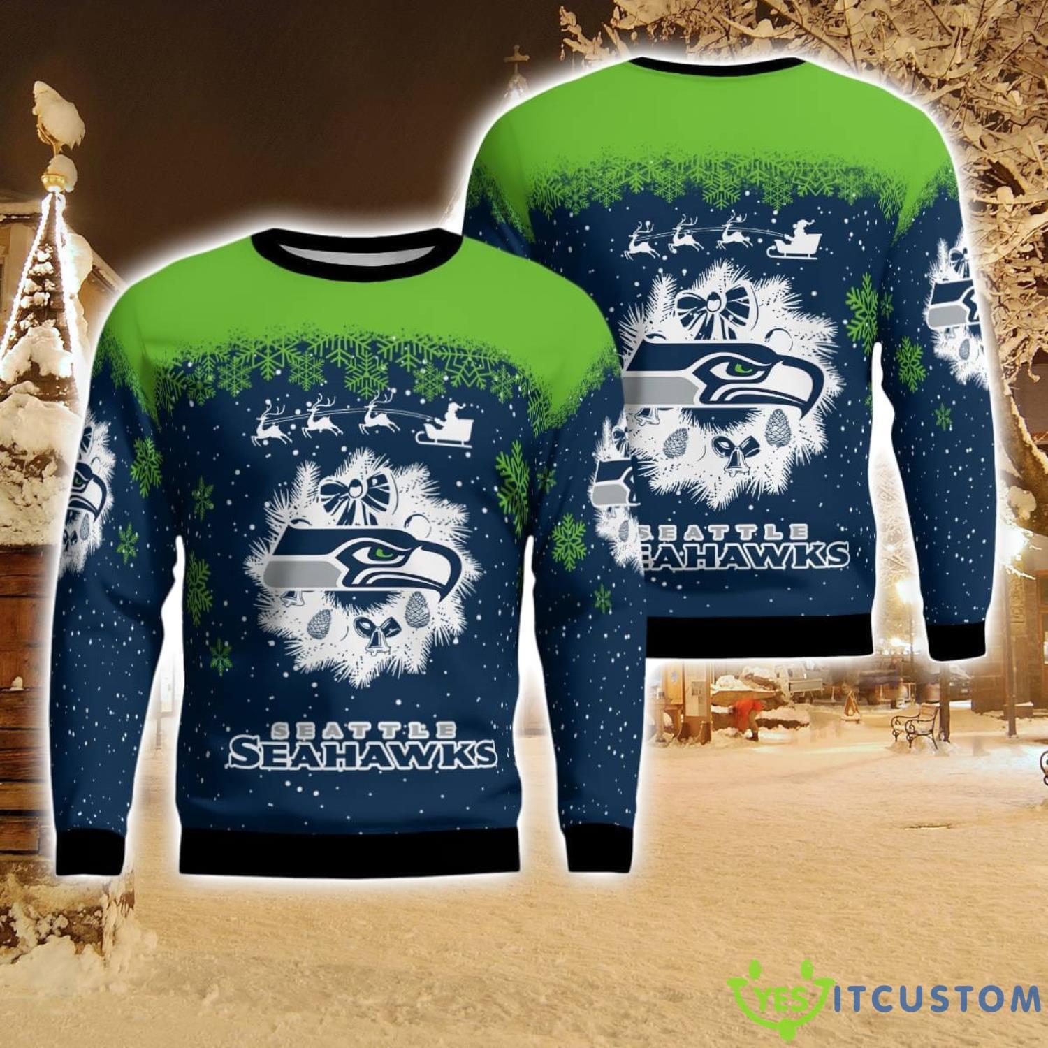 Seattle Seahawks Santa sleigh driving reindeer Pattern Ugly Christmas ...