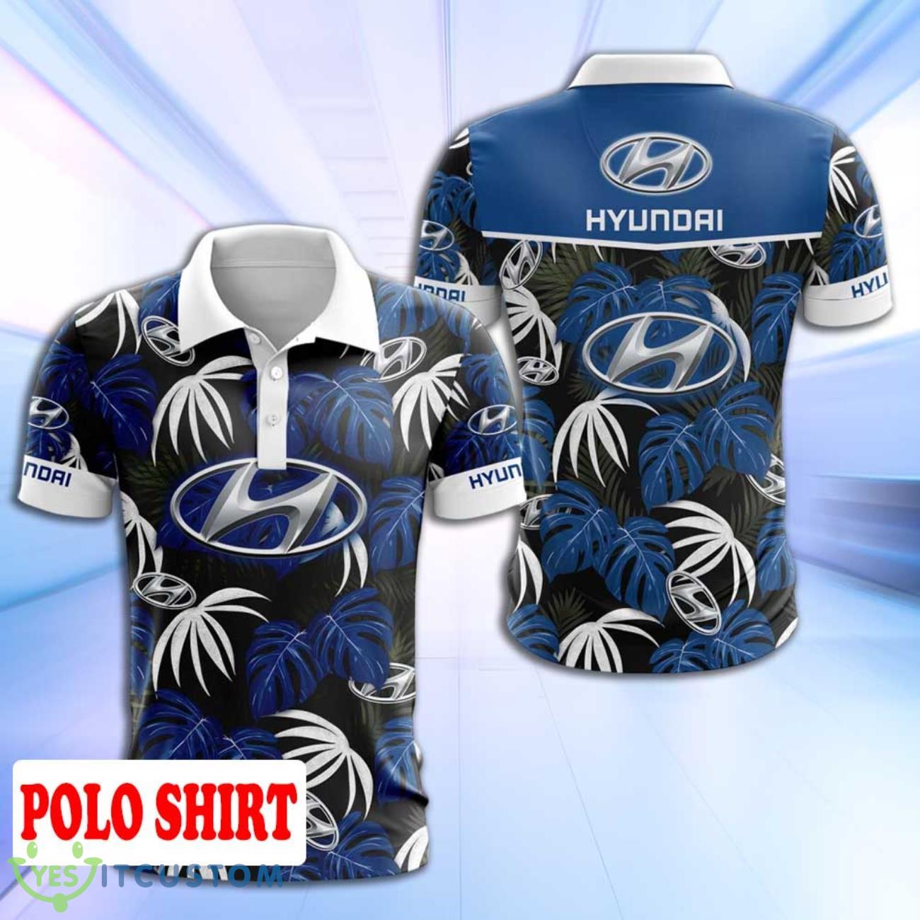 Hyundai Polo Shirt Logo Palm Leaves Summer Beach - YesItCustom