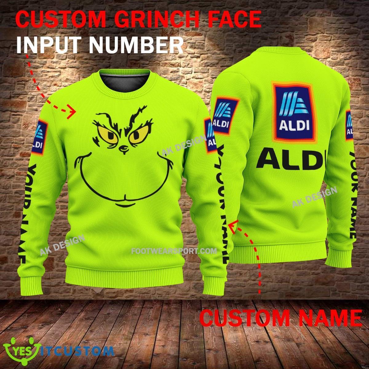 Aldi Grinch Face 3D Hoodie, Sweater Green Brand Full Print Custom ...