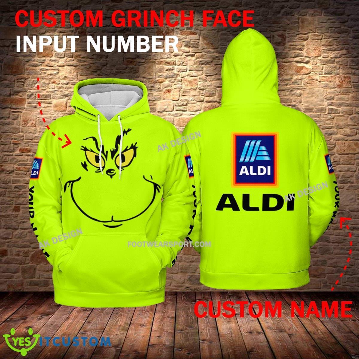 Aldi Grinch Face 3D Hoodie, Sweater Green Brand Full Print Custom ...