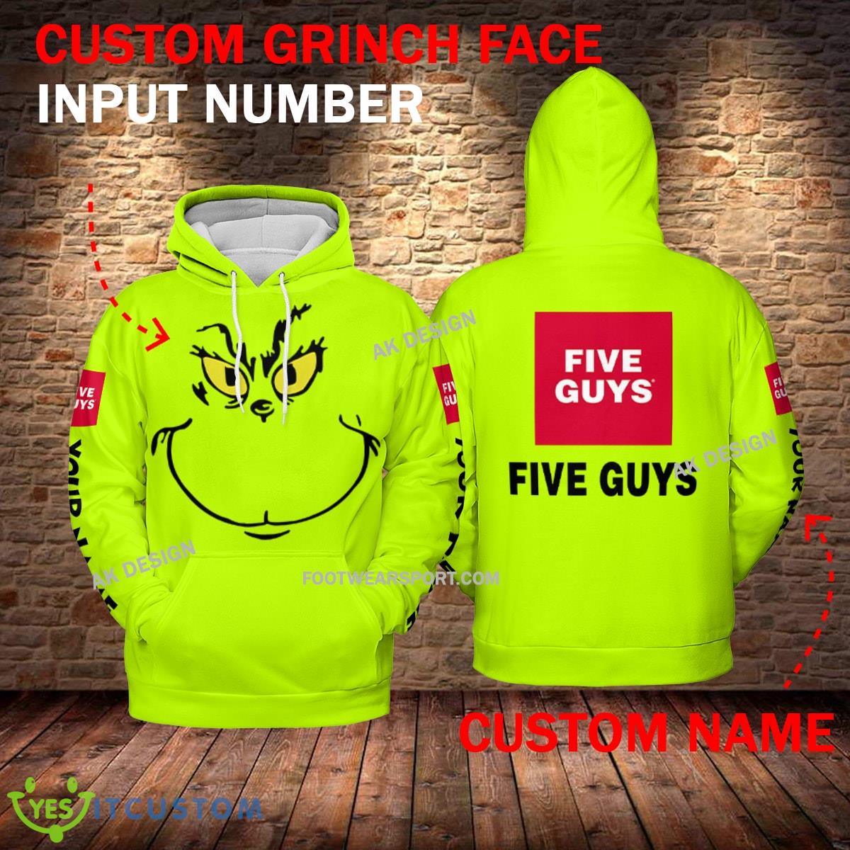 Five Guys Grinch Face 3D Hoodie, Sweater Green Brand Full Print Custom ...