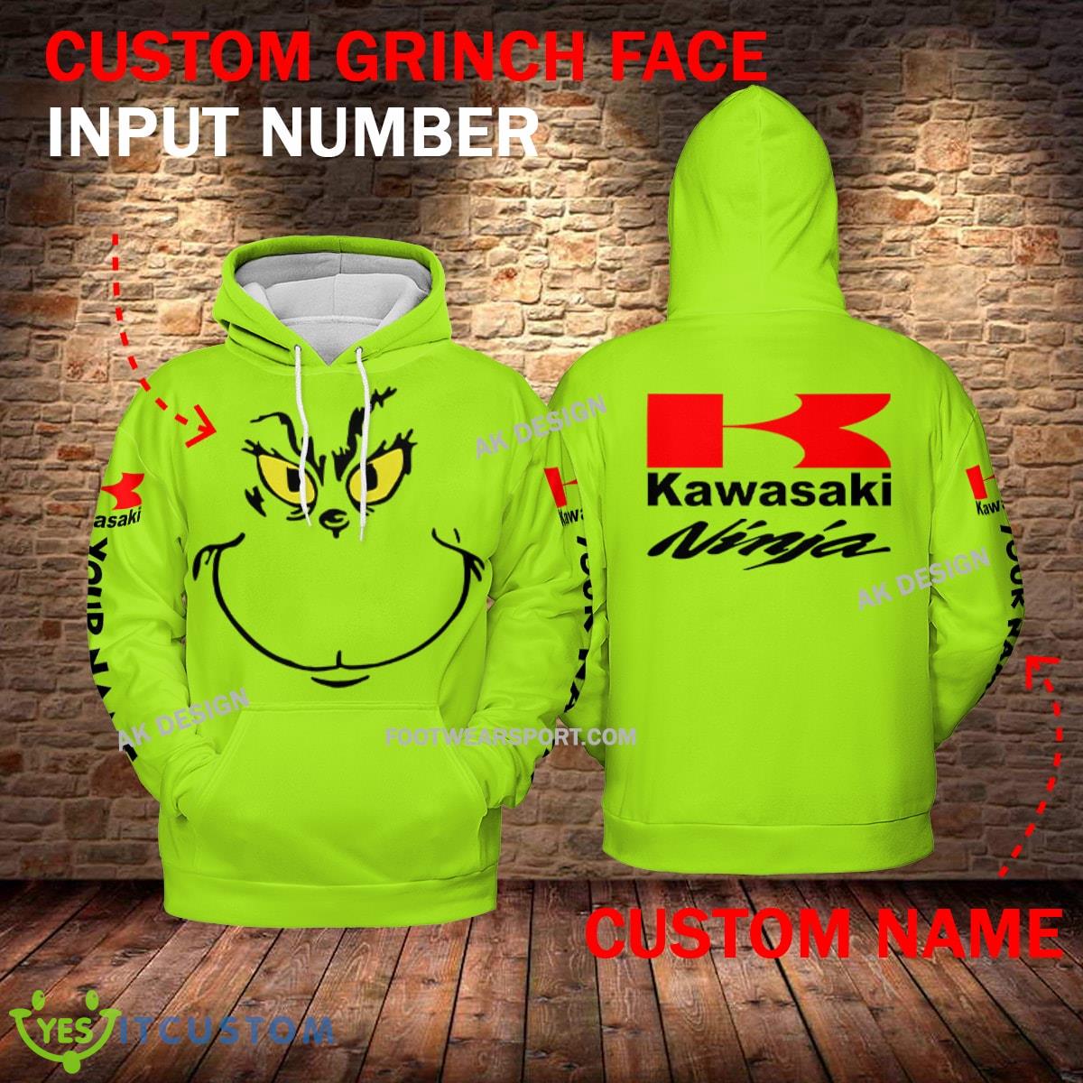 kawasaki Ninja Motorcycle Grinch Face 3D Hoodie, Zip Hoodie Green AOP ...