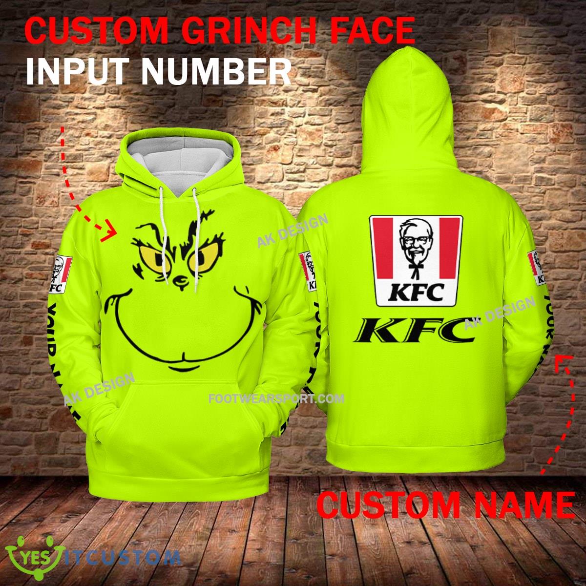 KFC Grinch Face 3D Hoodie, Sweater Green Brand Full Print Custom Number ...