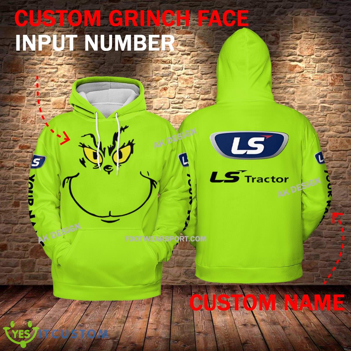 LS Tractor Grinch Face 3D Hoodie, Zip Hoodie Green AOP Custom Number ...