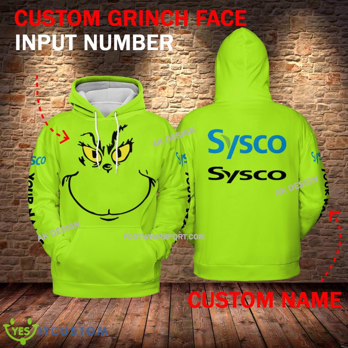 Sysco Grinch Face 3D Hoodie, Sweater Green Brand Full Print Custom ...