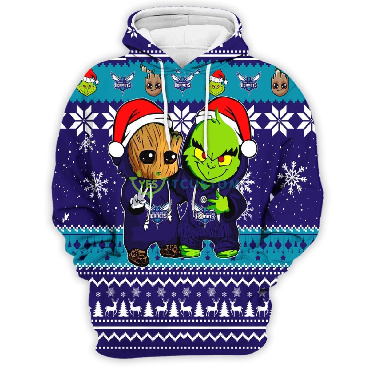 Charlotte Hornets Baby Groot And Grinch Best Friends 3D Pullover Hoodie ...